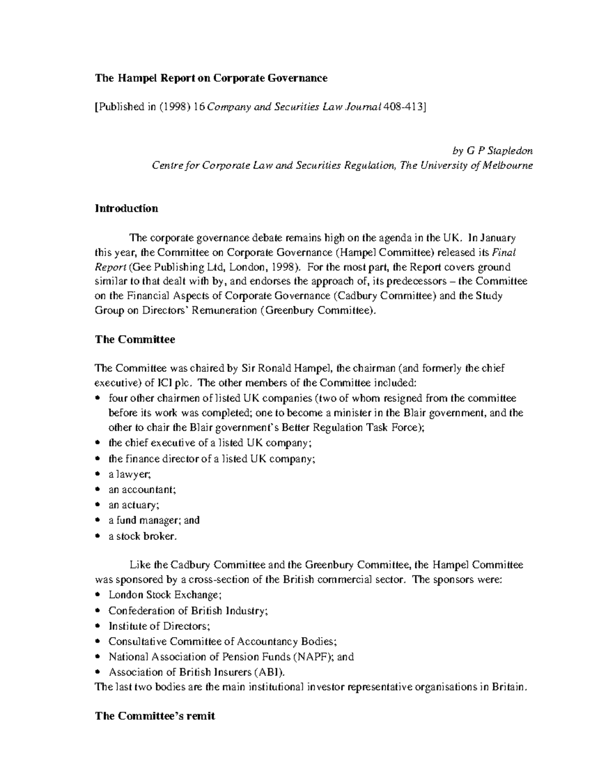 Hampel Report in United kingdom - The Hampel Report on Corporate ...