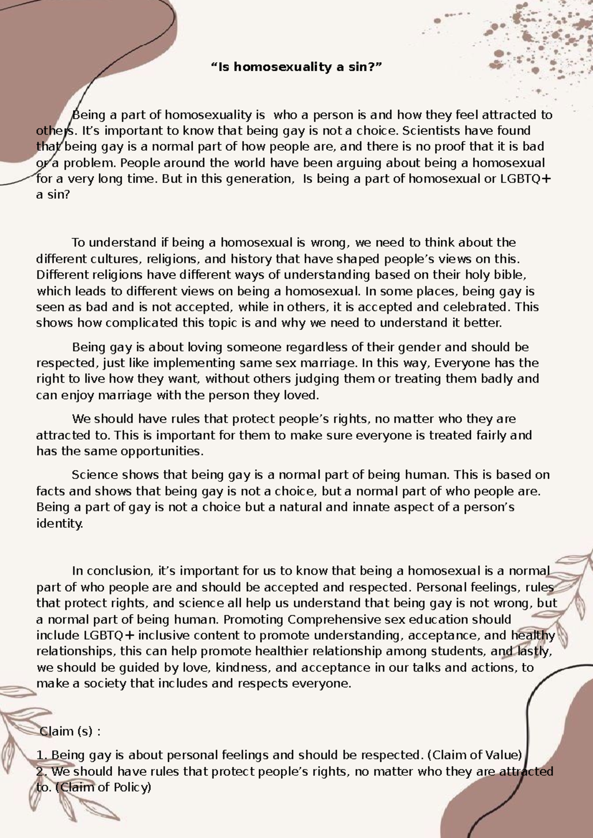 Essay for writing - “Is homosexuality a sin?” Being a part of ...