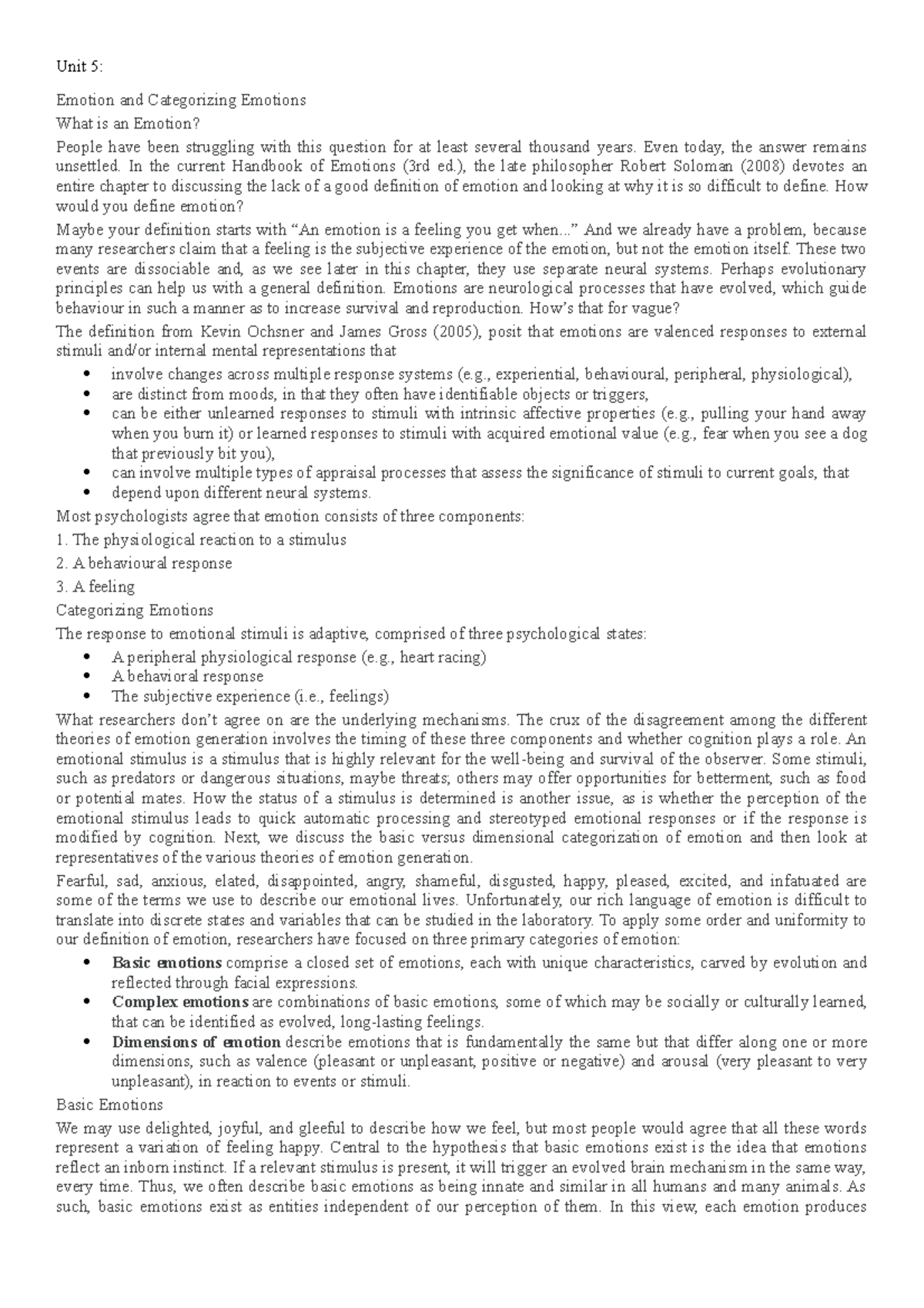 Unit 5 - Notes - Unit 5: Emotion and Categorizing Emotions What is an ...