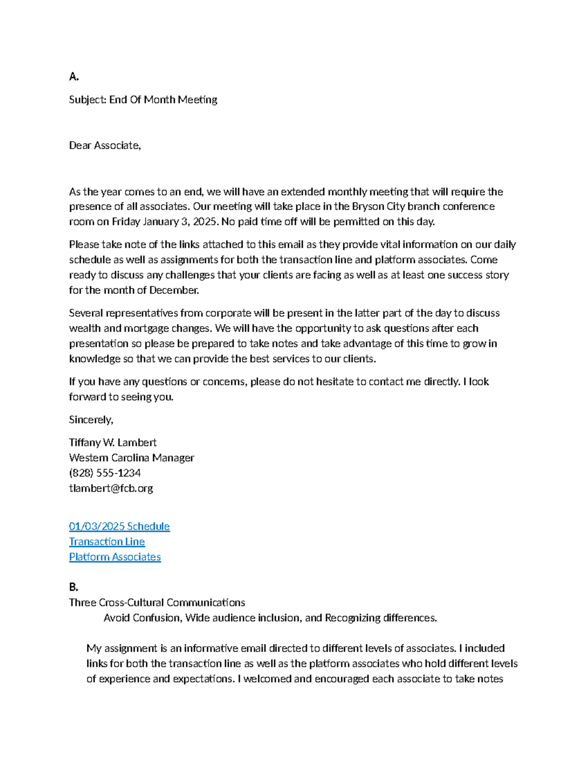 D270 Task 1 Informative Email - A. Subject: End Of Month Meeting Dear ...