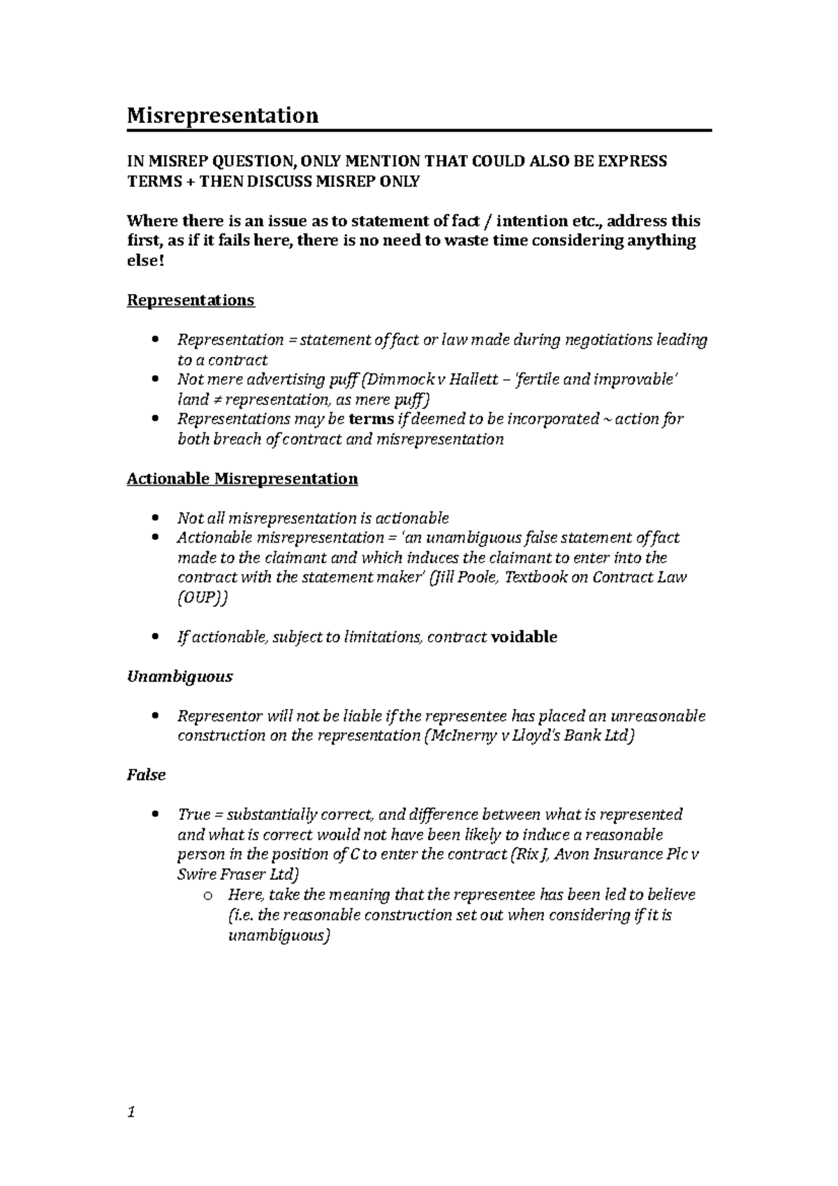 07 Misrepresentation - Contract Law - Misrepresentation IN MISREP QUESTION, ONLY MENTION THAT ...