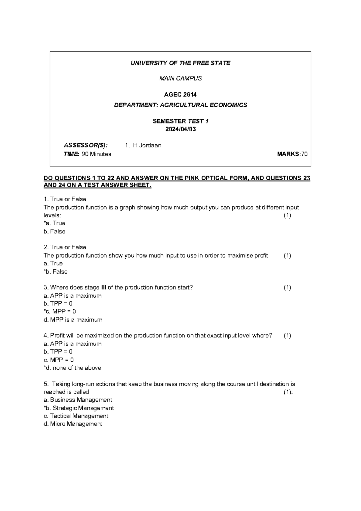 Test 1-MEMO - memo for semester test 1 - UNIVERSITY OF THE FREE STATE ...