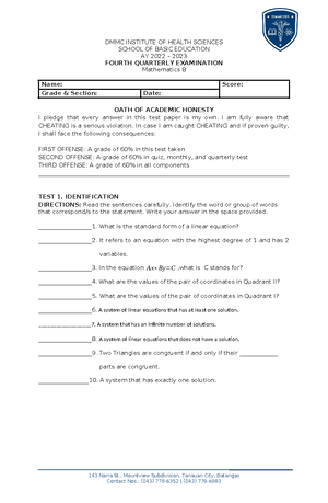 4th QE BAS-CAl - MATHEMATICS ACTIVITIES - DMMC INSTITUTE OF HEALTH ...