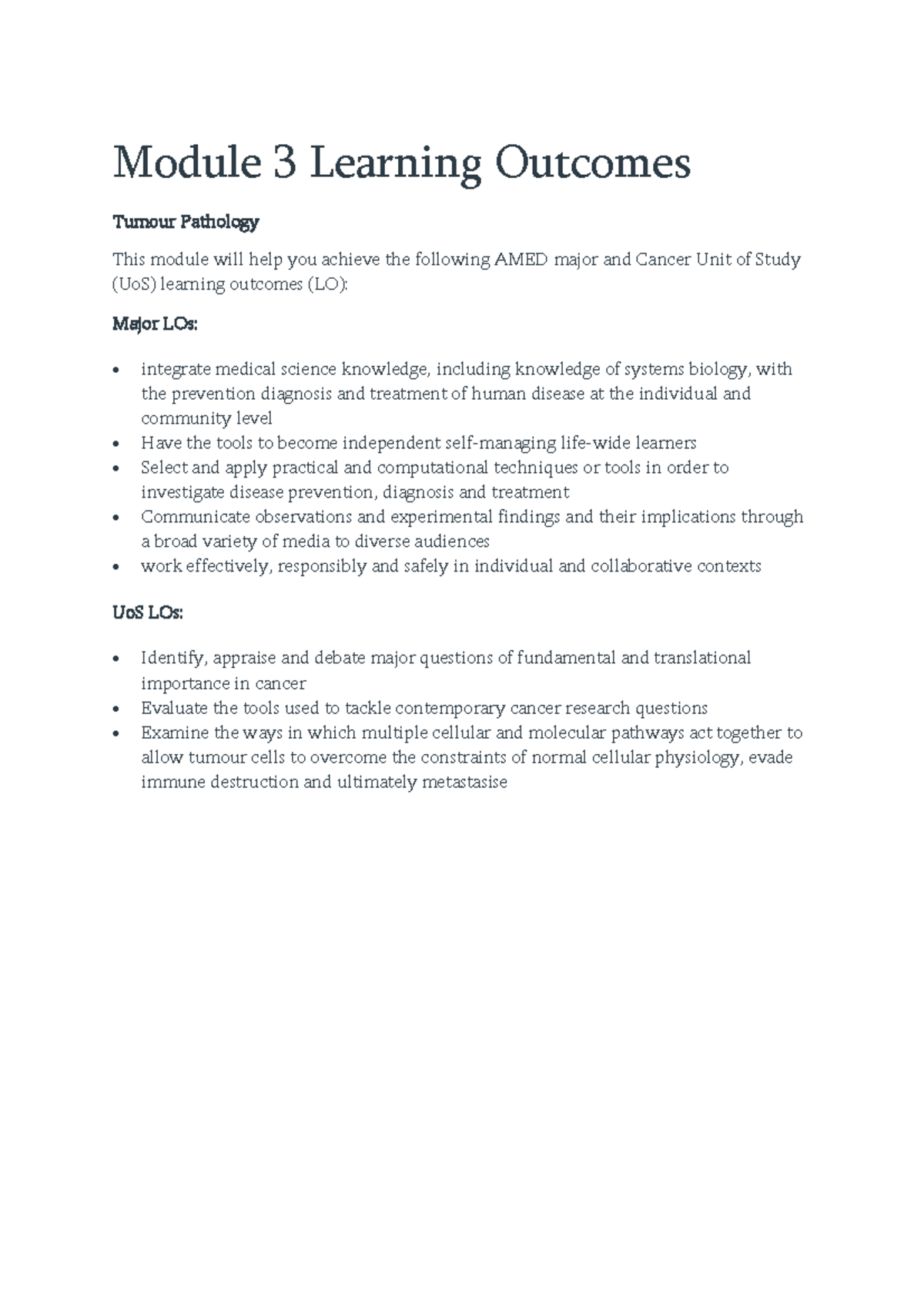Module 3 Learning Outcomes - Module 3 Learning Outcomes Tumour ...