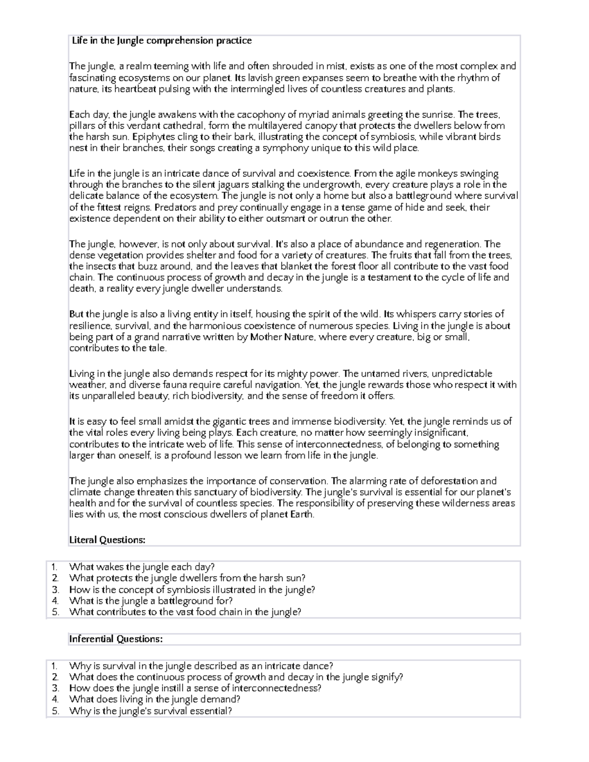 Life in the Jungle comprehension practice grades 9 and 10 - Life in the ...
