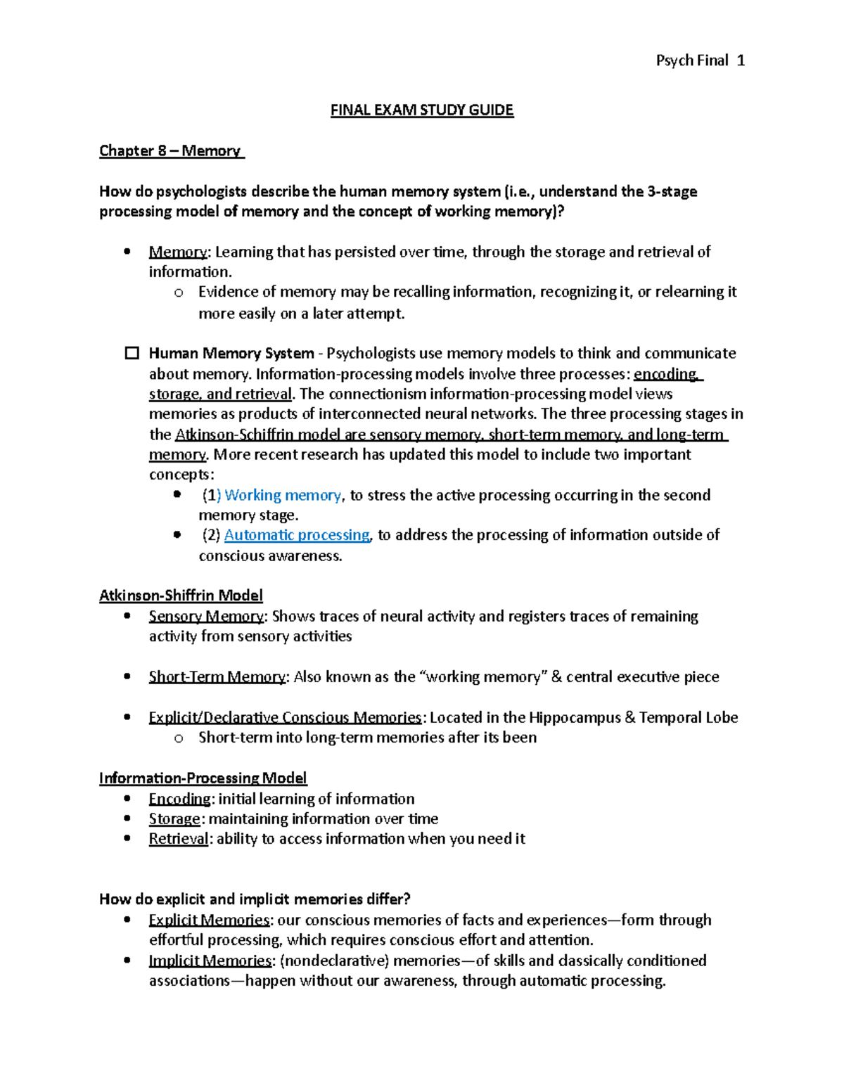 Psyc 1010 Final Exam Study Guide - Psych Final 1 FINAL EXAM STUDY GUIDE ...