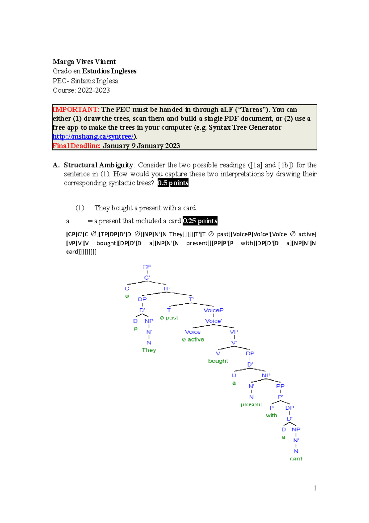 PEC English Syntax 2022 2023 - Marga Vives Vinent Grado en Estudios Ingleses PEC- Sintaxis ...
