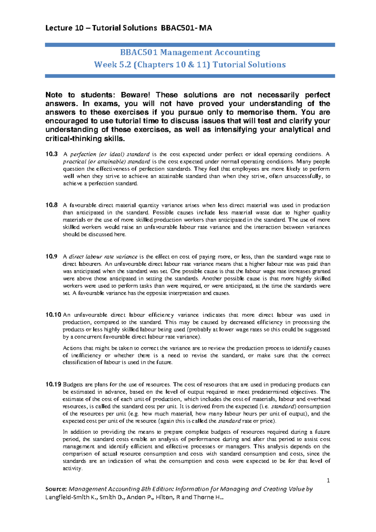 Lecture 10 Ch 10 11 Tutorial Solutions - 1 Source : Management ...