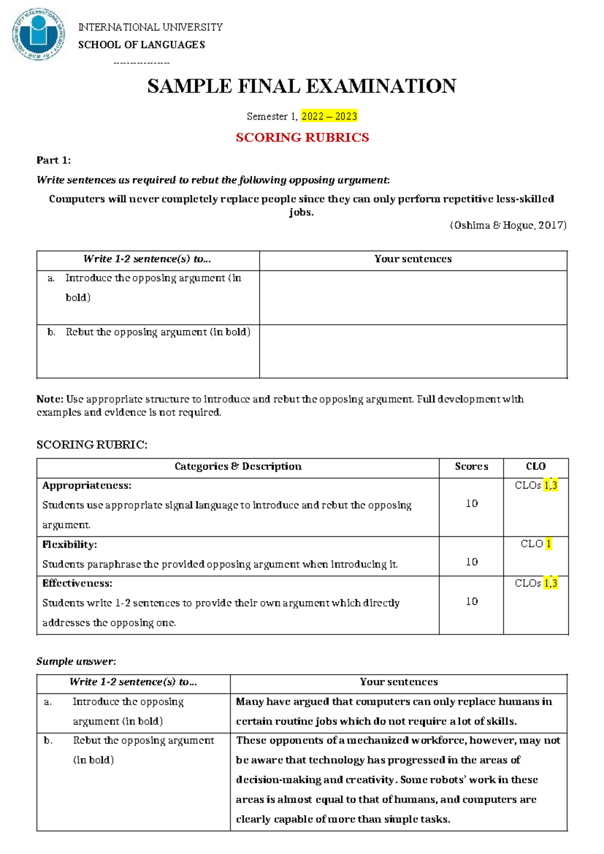 AE1 Writing Final Sample Test (since 2324) - Scoring rubrics ...