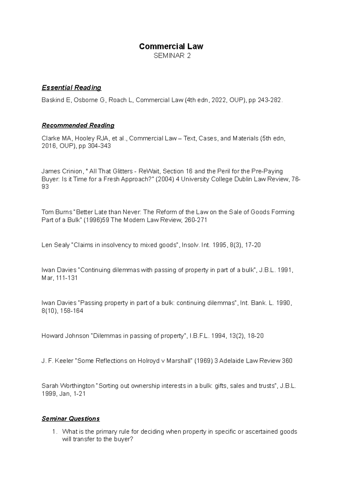 Seminar Sheet-2 with answers - Commercial Law SEMINAR 2 Essential ...