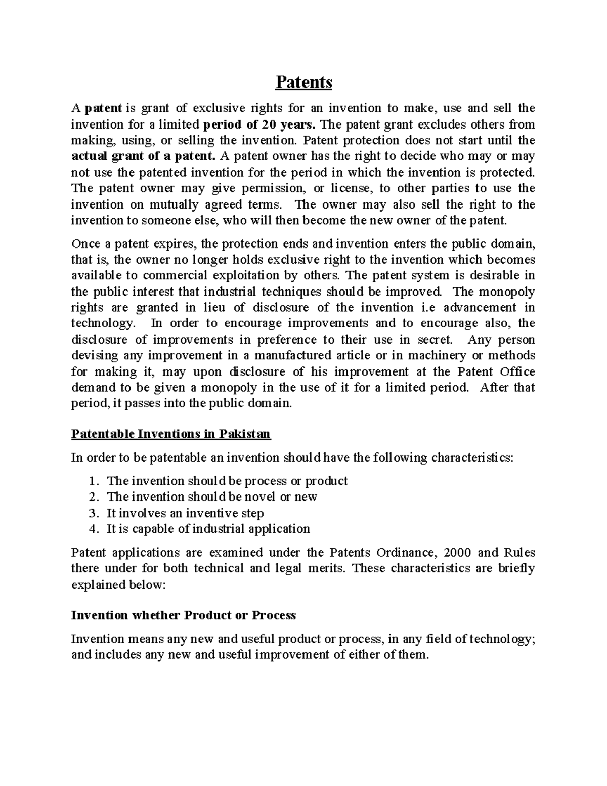 Patents - lecture notes - Patents A patent is grant of exclusive rights ...