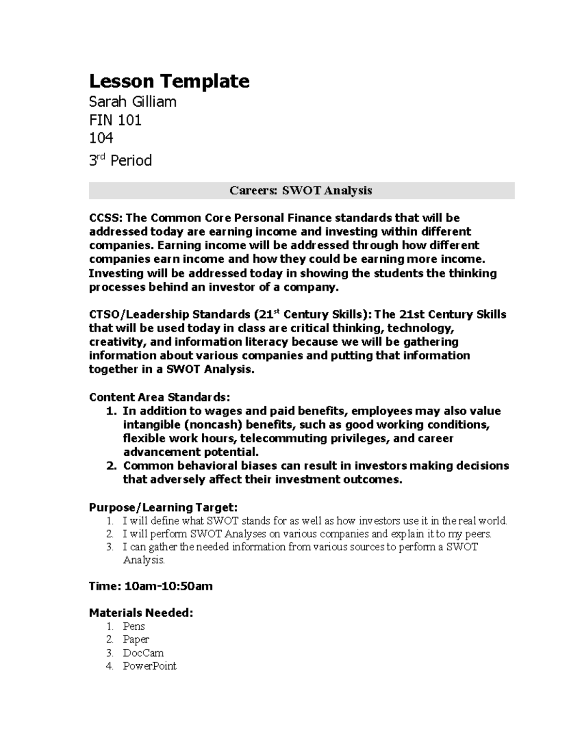 Lesson Plan SWOT Analysis.docx - Lesson Template Sarah Gilliam FIN 101 ...