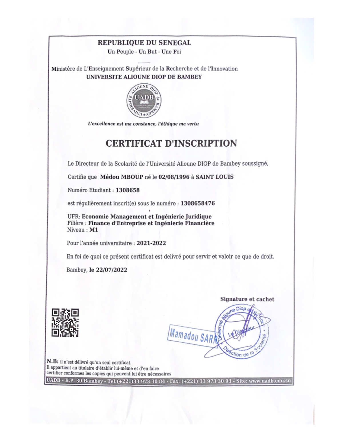 Certificat d’inscription M1 - droit des personnes - Studocu