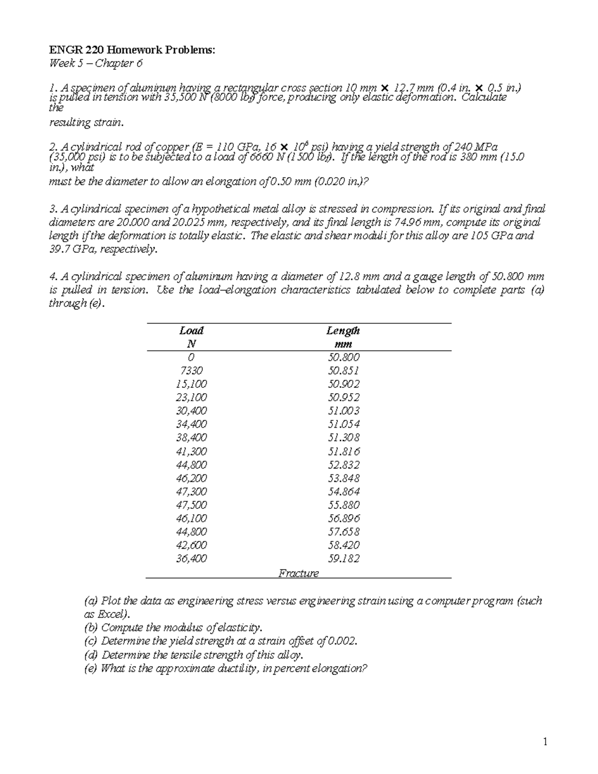 ENGR 220 Week 5 Ch. 6 Homework Problems - ENGR 220 Homework Problems: Week 5 – Chapter 6 1. A ...