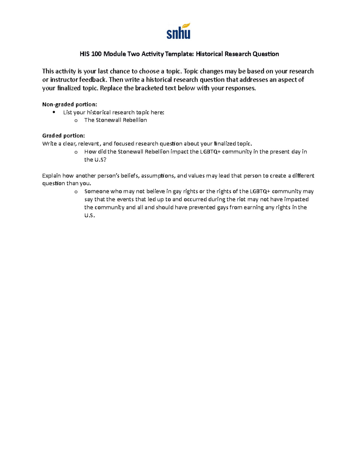 Research Question Assignment - HIS 100 Module Two Activity Template ...