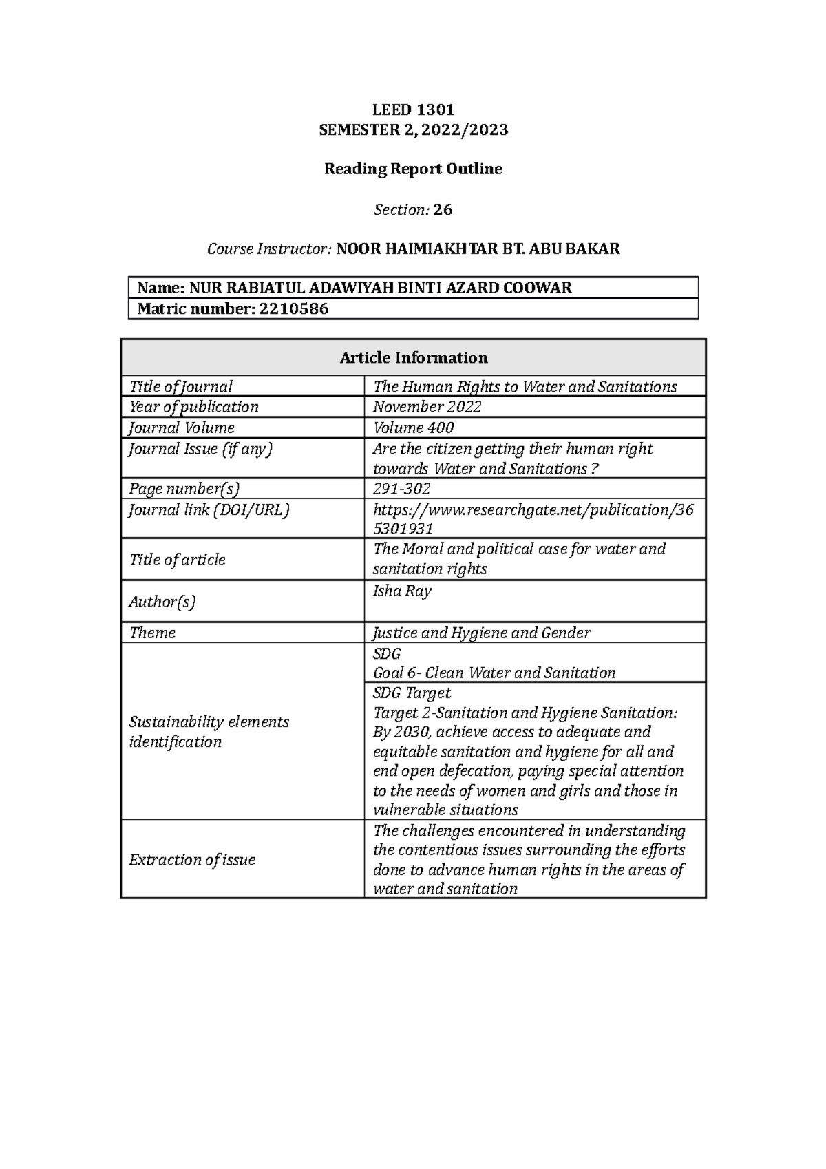 Outline Template - LEED 1301 SEMESTER 2, 2022/ Reading Report Outline ...