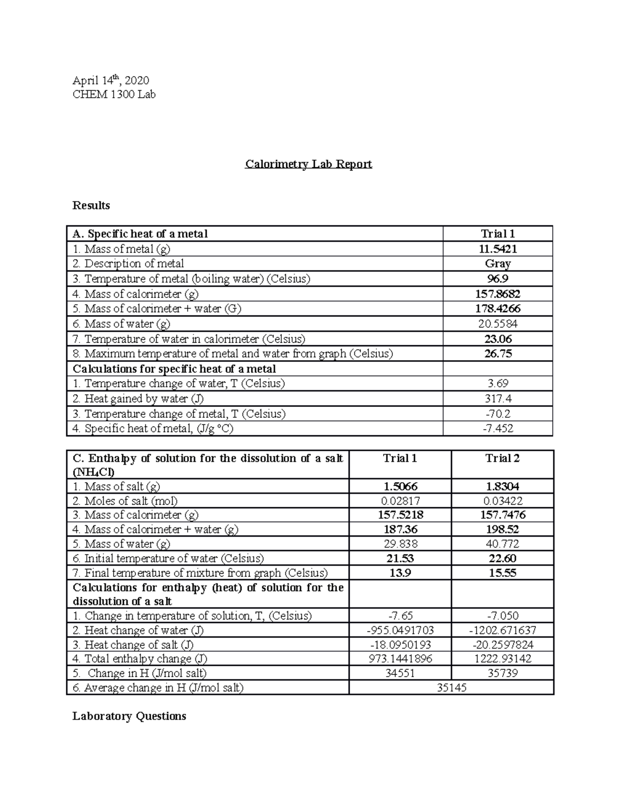 Calorimetry Lab Report - April 14th, 2020 CHEM 1300 Lab Calorimetry Lab ...