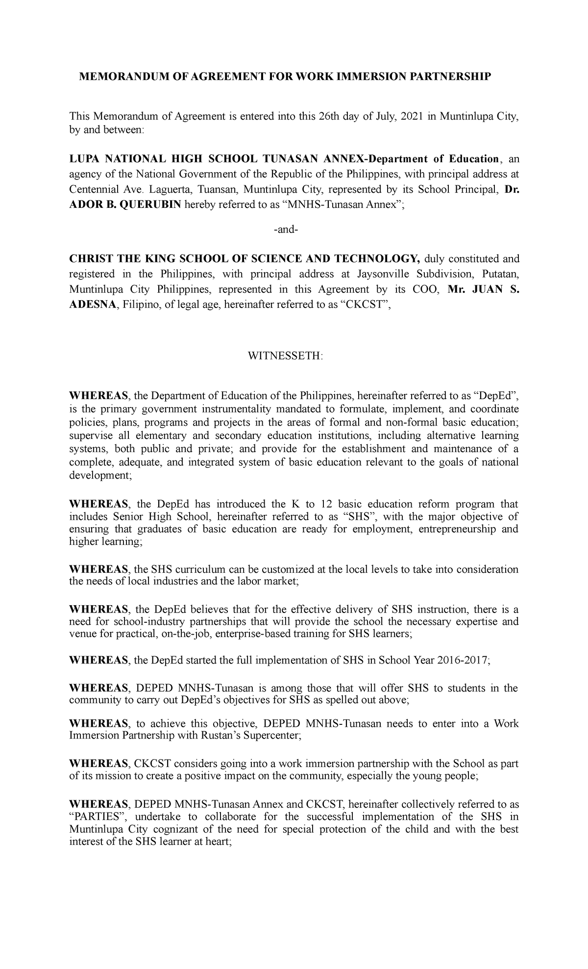 MOA-LGU1 - MEMORANDUM OF AGREEMENT FOR WORK IMMERSION PARTNERSHIP This ...