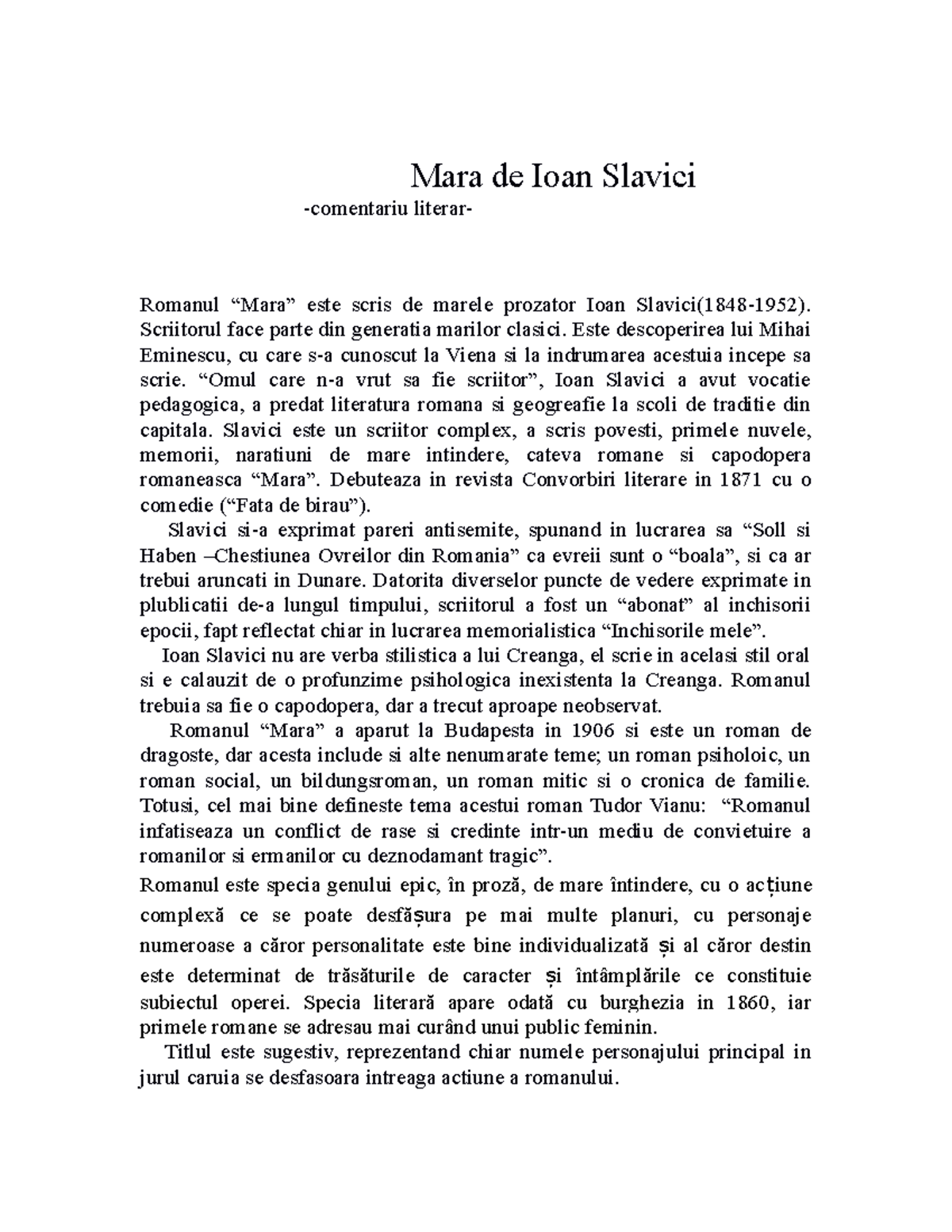 Mara de Ioan Slavici Comentariu - Mara de Ioan Slavici -comentariu literar- Romanul “Mara” este ...