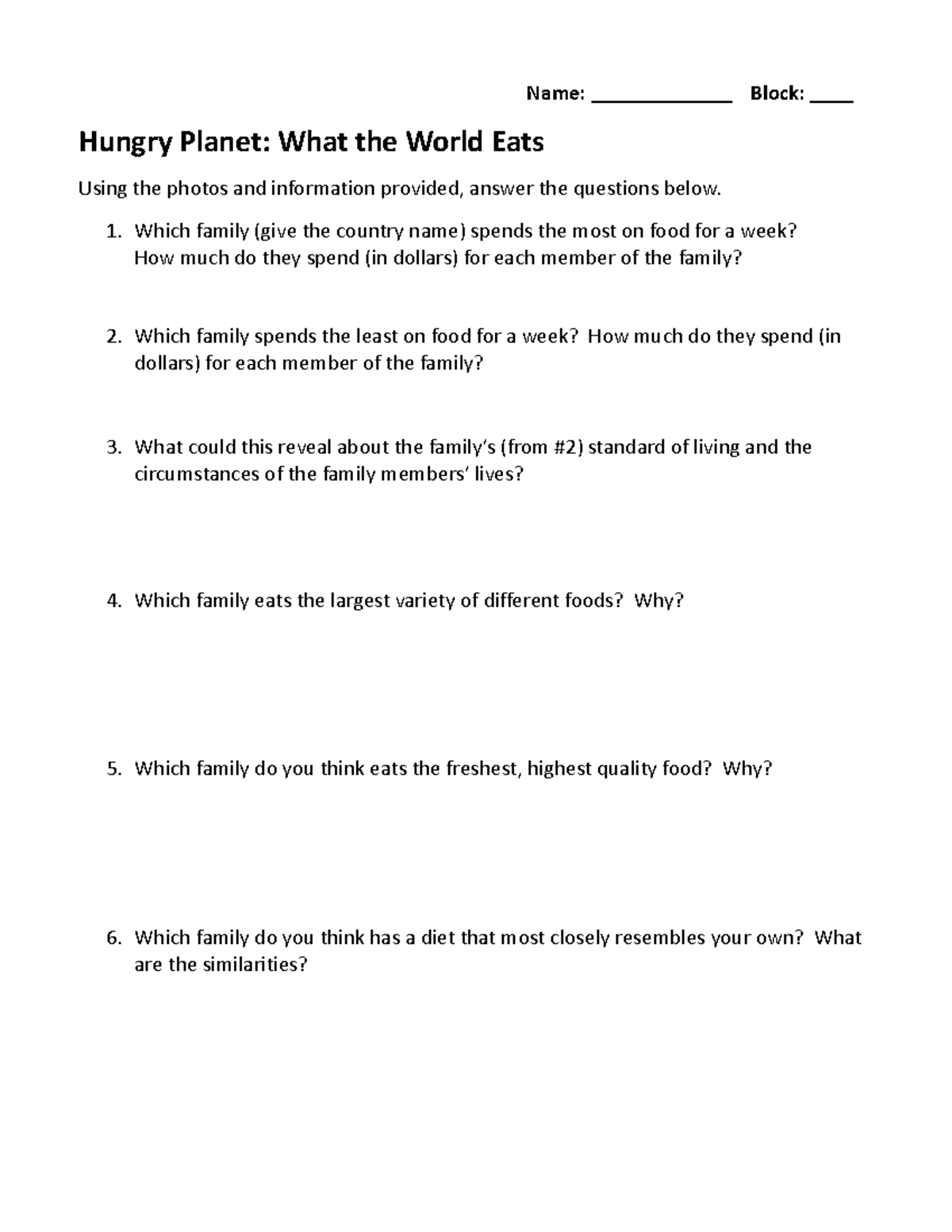 Copy of Hungry Planet - What the World Eats - activity sheet - Name ...