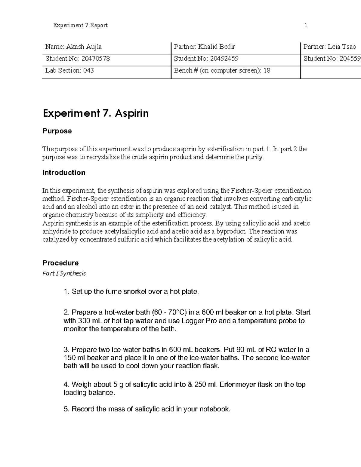 Aspirin Lab - Asprin lab - Name: Akash Aujla Partner: Khalid Bedir ...