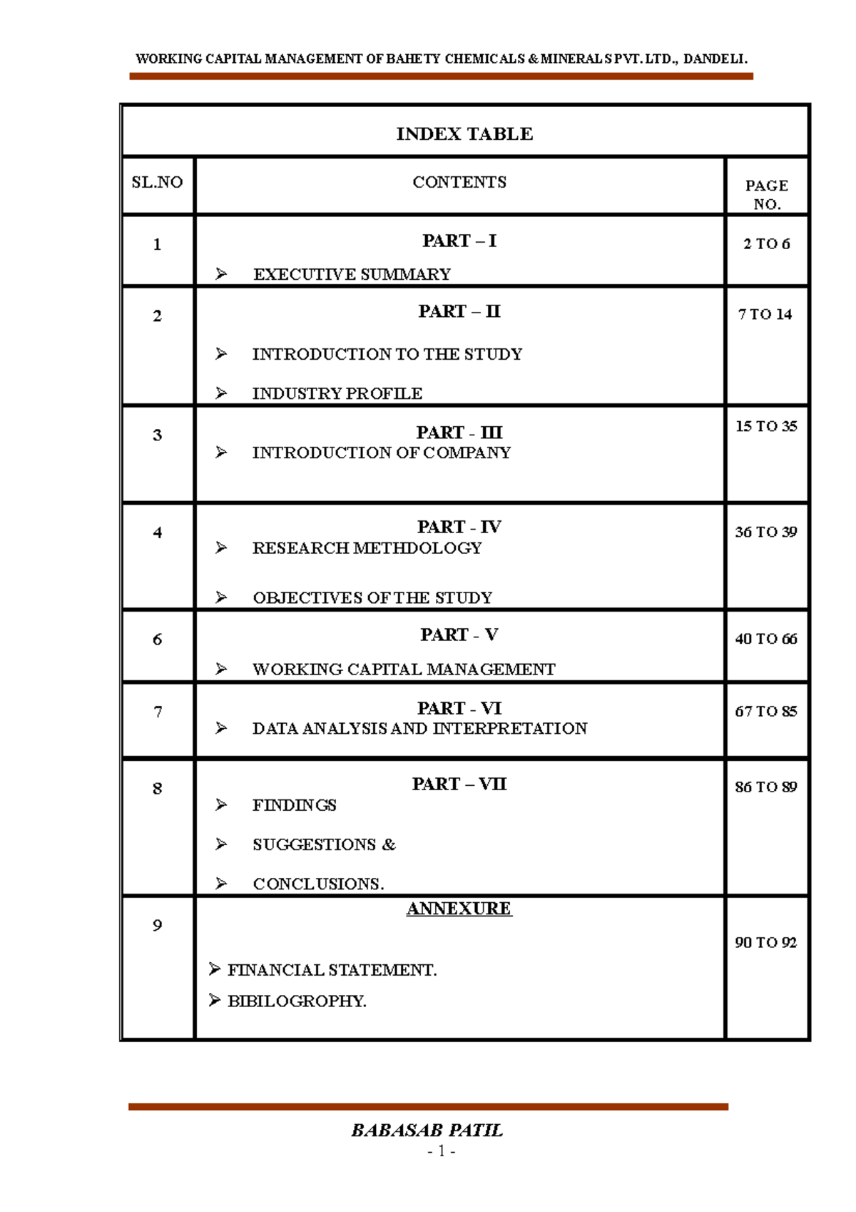 Working capital management Project Repor - INDEX TABLE SL CONTENTS PAGE ...