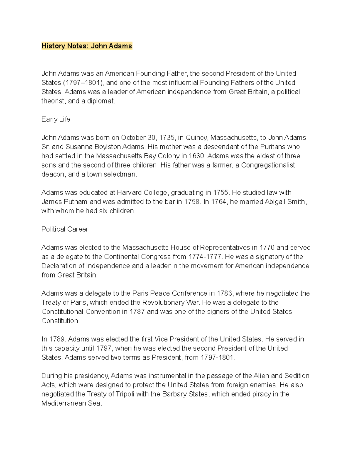 History AP (26) - History Notes: John Adams John Adams was an American ...