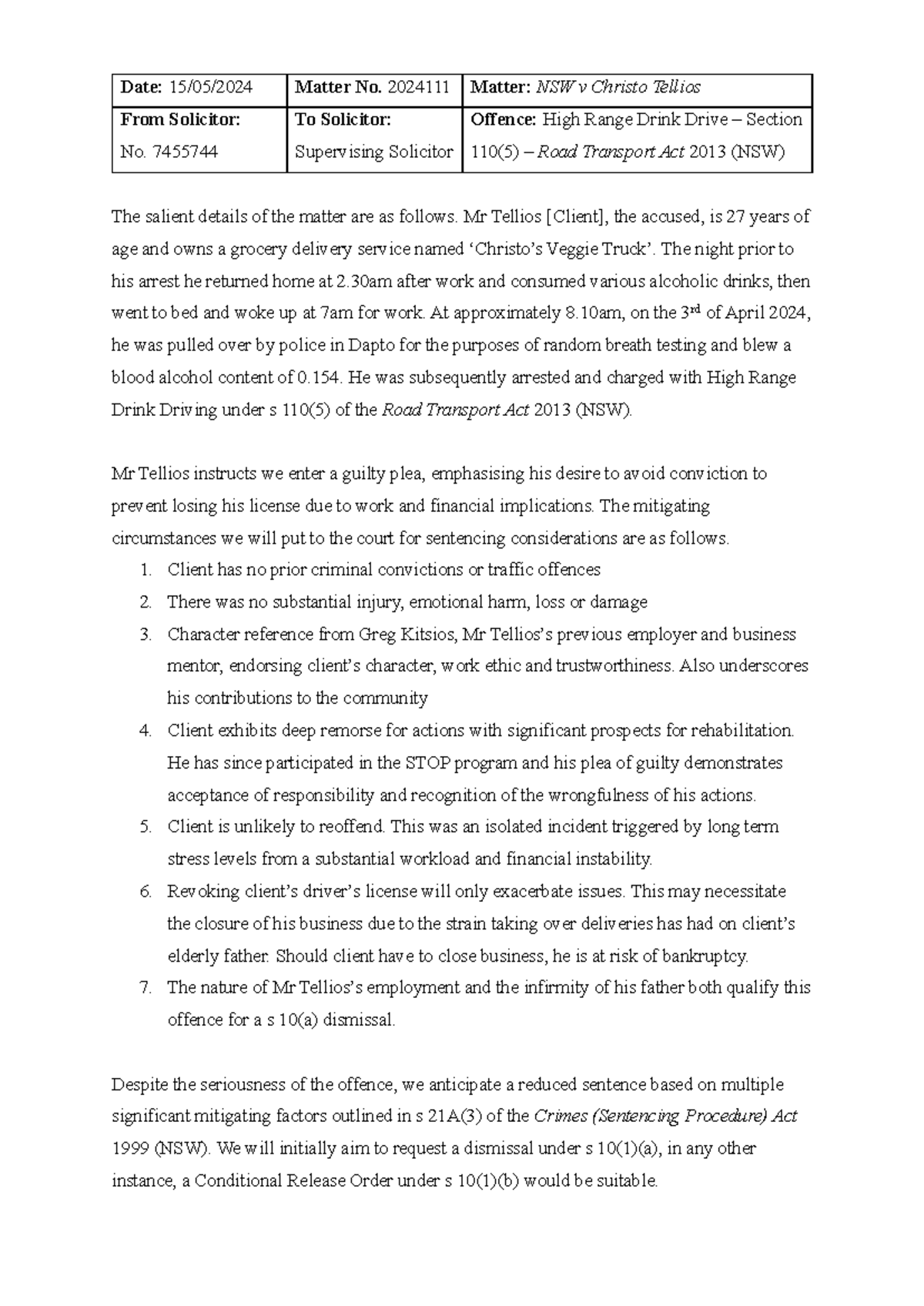 LLB2225 FILE NOTE - File note for Court Advocacy Assignment - The ...