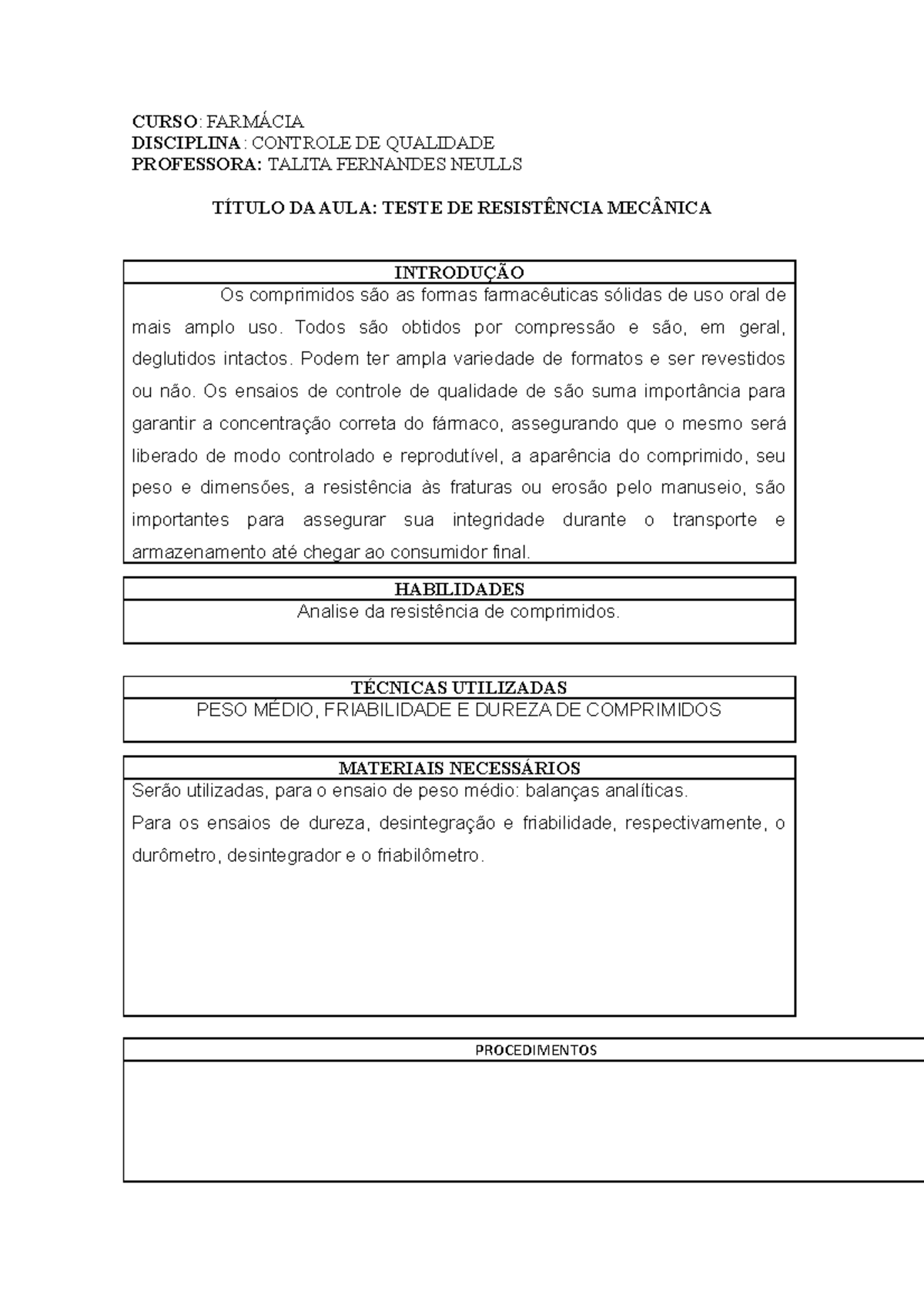Roteiro Controle DE Qualidade - CURSO: FARMÁCIA DISCIPLINA: CONTROLE DE ...