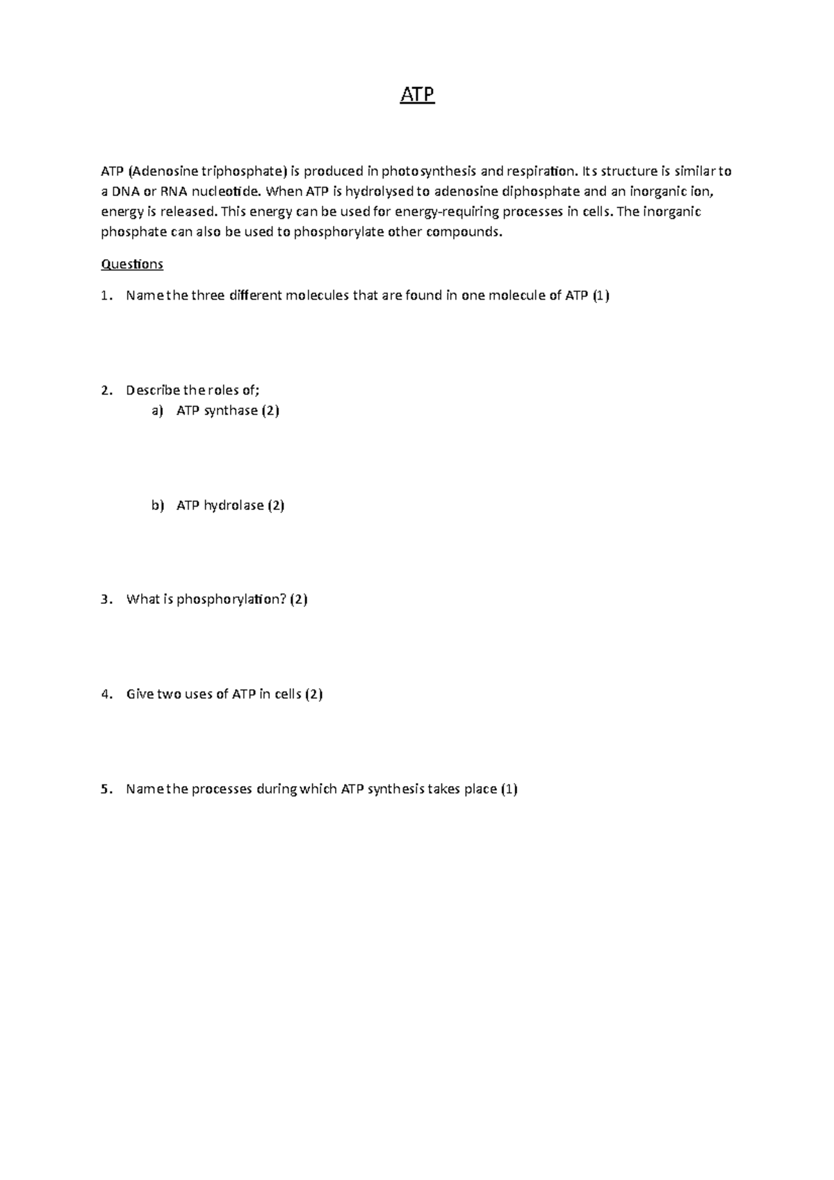 ATP and water quiz - notes - ATP ATP (Adenosine triphosphate) is ...