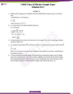 CBSE Class 12 Physics Sample Paper Set 1 - Class XII Physics Time: 3 ...