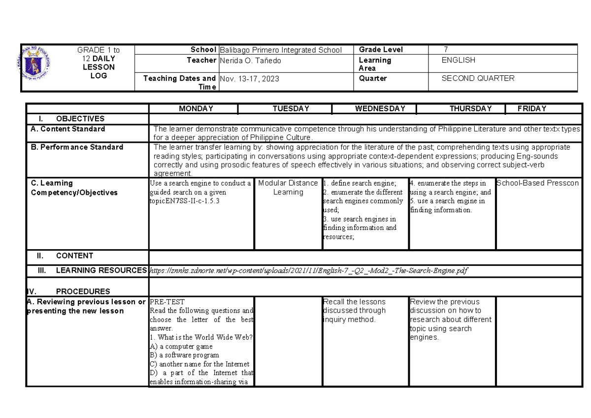 G7 English DLL Q2 W3 - DLP - GRADE 1 to 12 DAILY LESSON LOG School ...