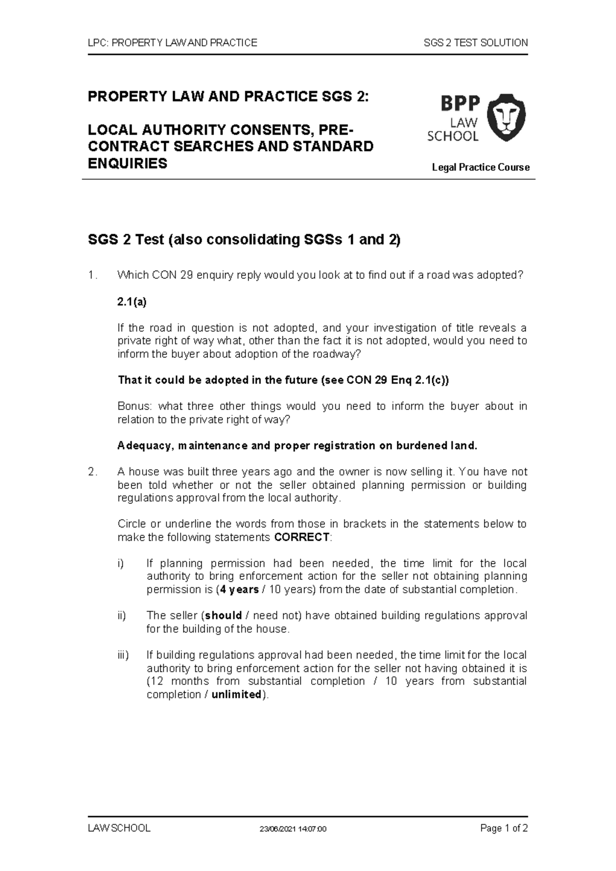 Property SGS 2 Test Solution - LPC: PROPERTY LAW AND PRACTICE SGS 2 ...