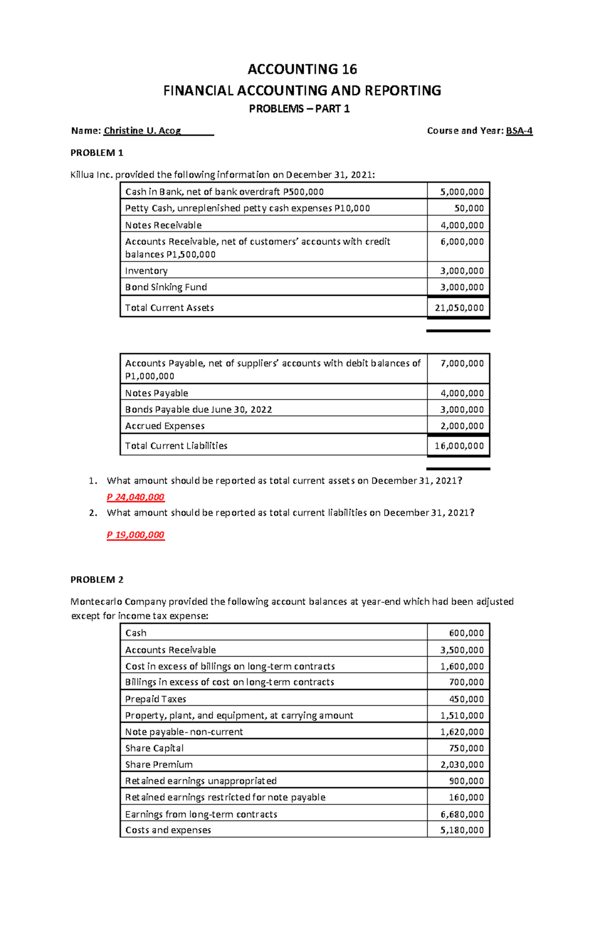 Answers to Problems-SET 1 - FINANCIAL ACCOUNTING AND REPORTING ...