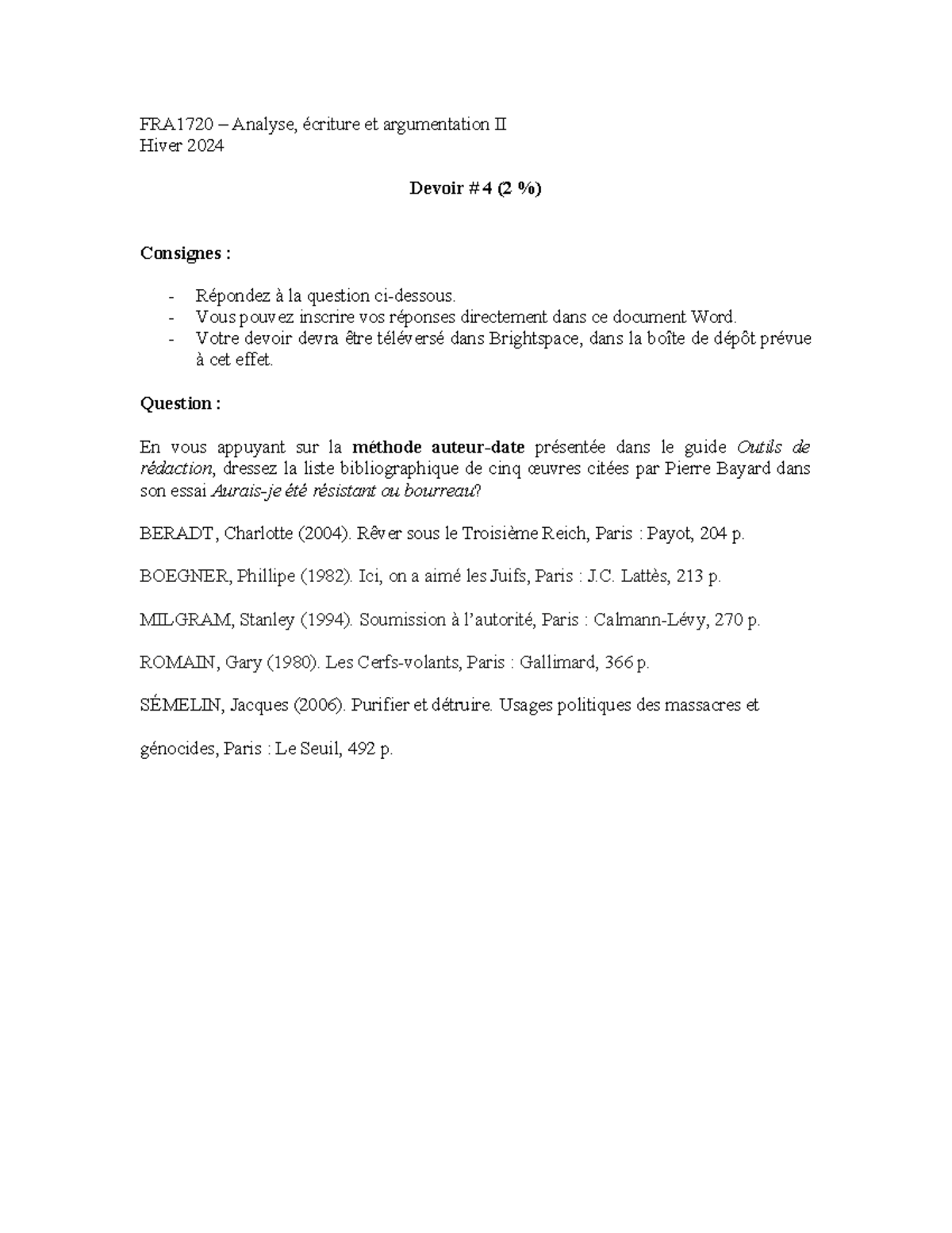 Devoir 4 semaine 10 (1) (2) - FRA1720 – Analyse, écriture et argumentation II Hiver 2024 Devoir ...
