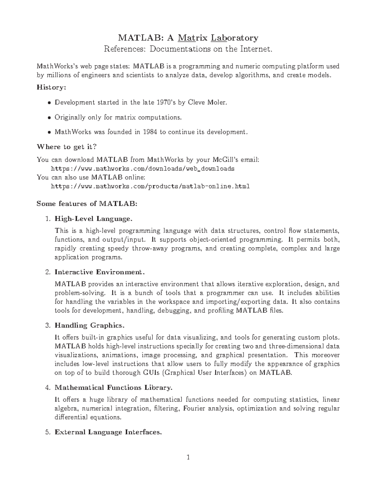 Matlab - MATLAB: A Matrix Laboratory References: Documentations on the ...