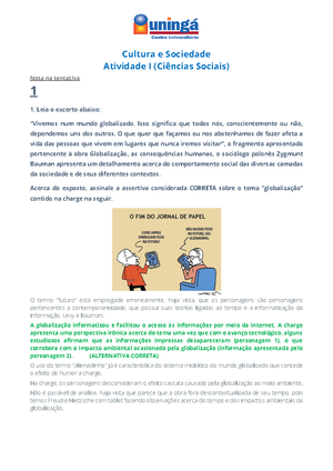 Cultura e Sociedade - Atividade IV - Cultura e Sociedade Atividade IV (Meio Ambiente, - Studocu