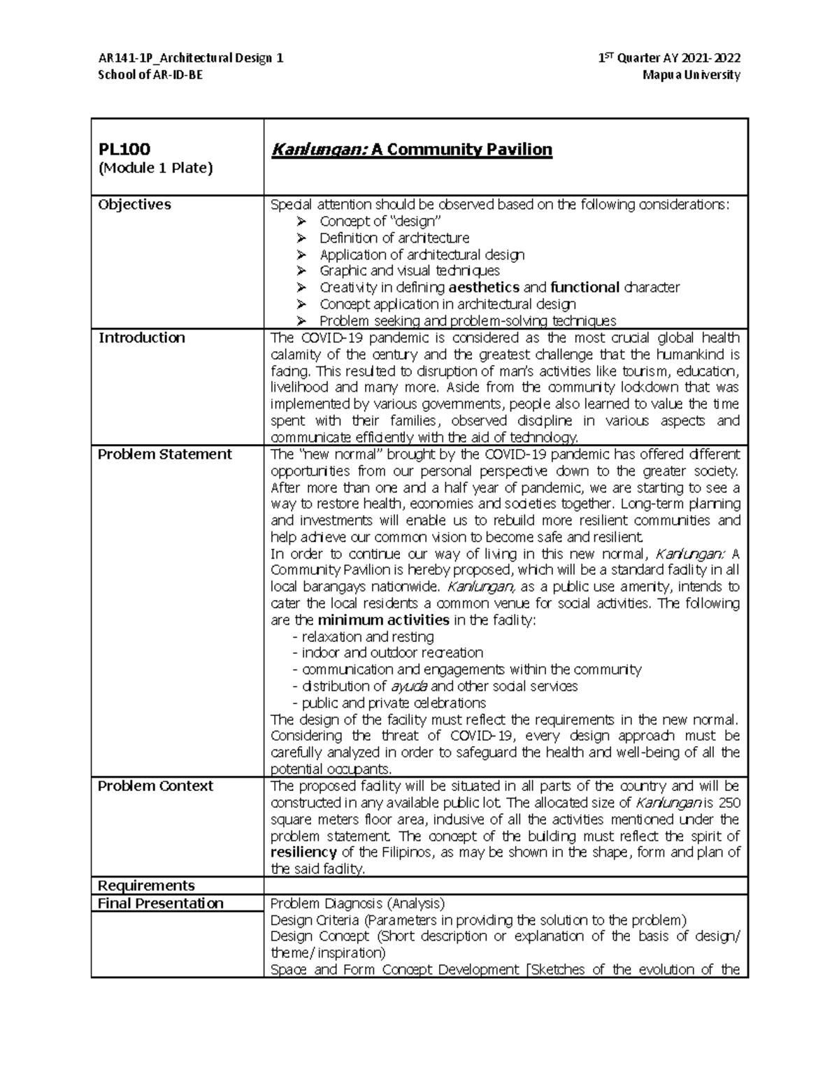 PL100 Kanlungan Des1 Sep2021 - School of AR-ID-BE Mapua University PL ...