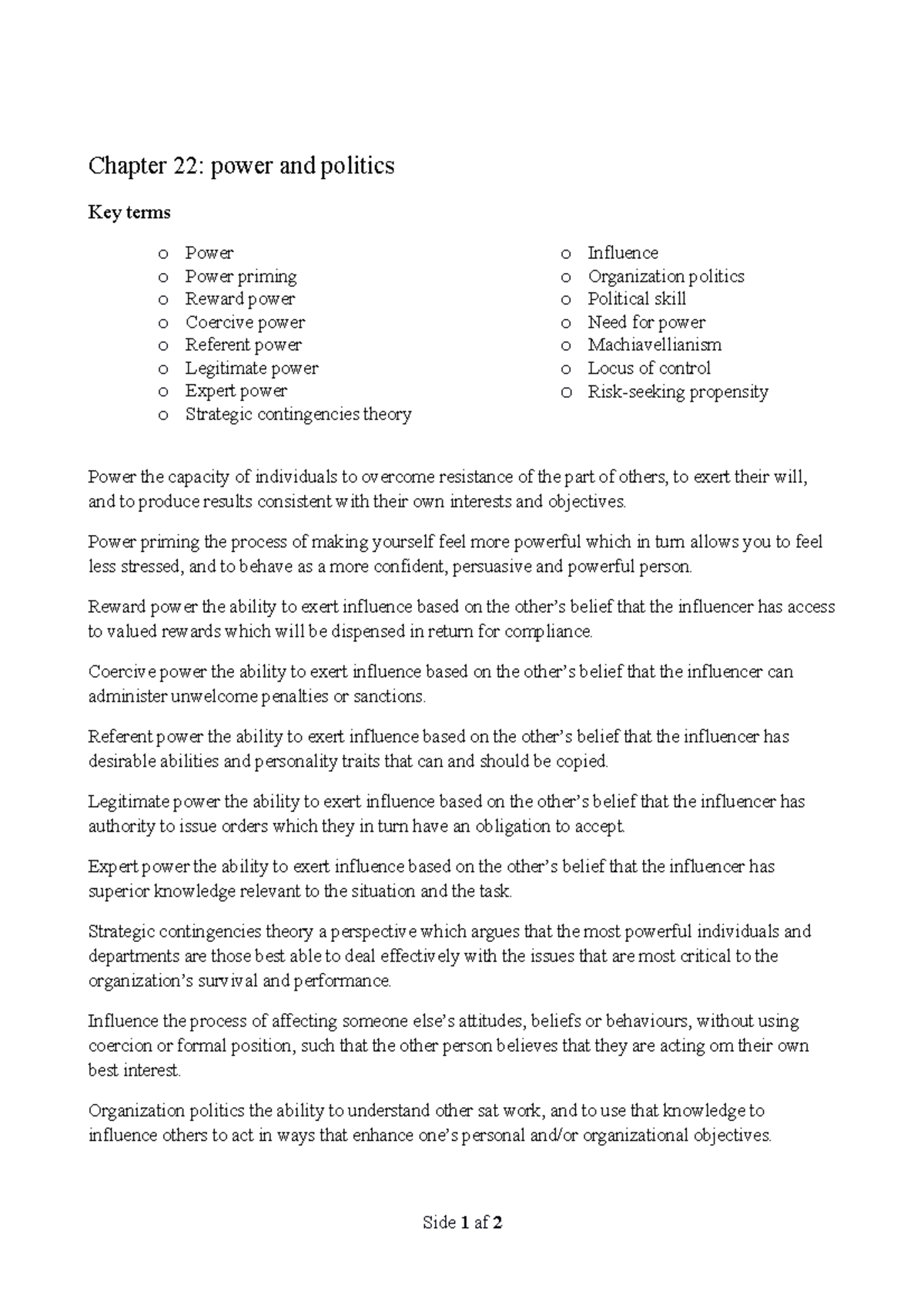 Key terms chapter 22 - OB - Chapter 22: power and politics Key terms o ...