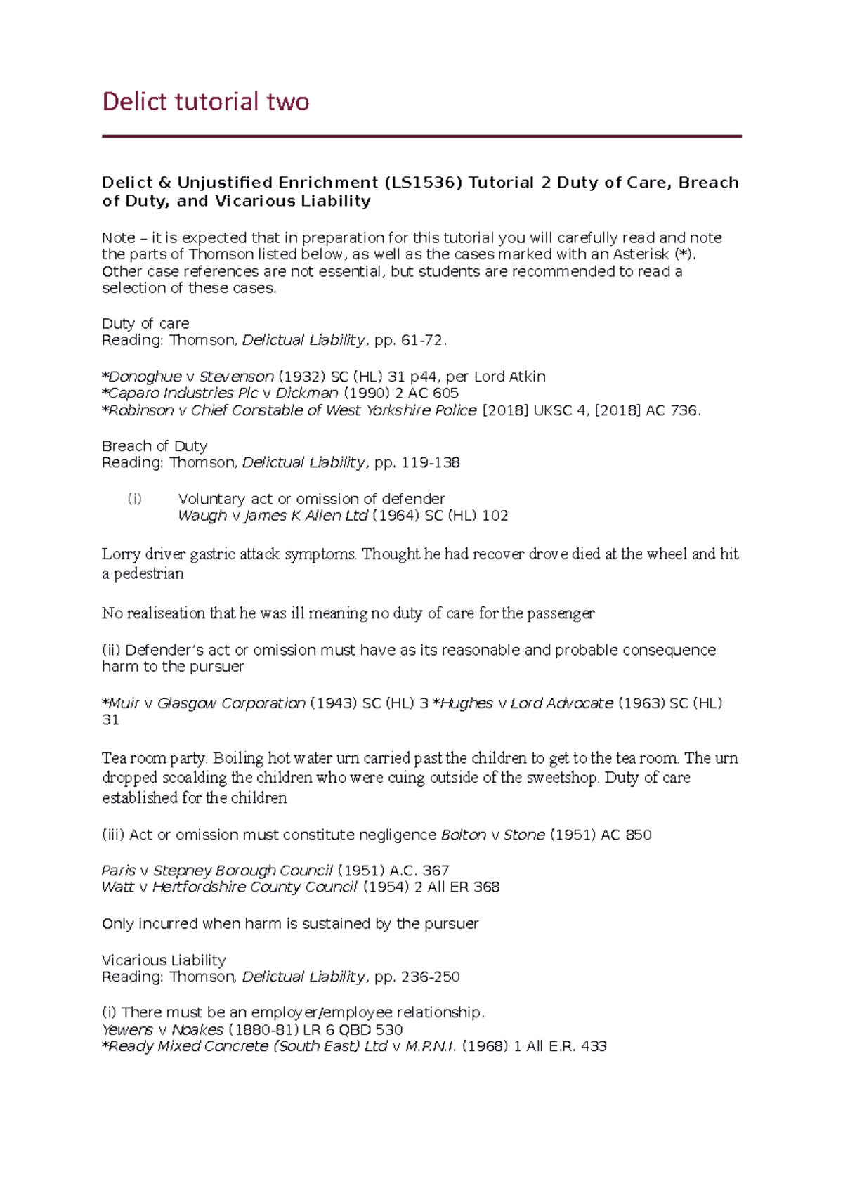 Delict tutorial two - Delict tutorial two Delict & Unjustified ...