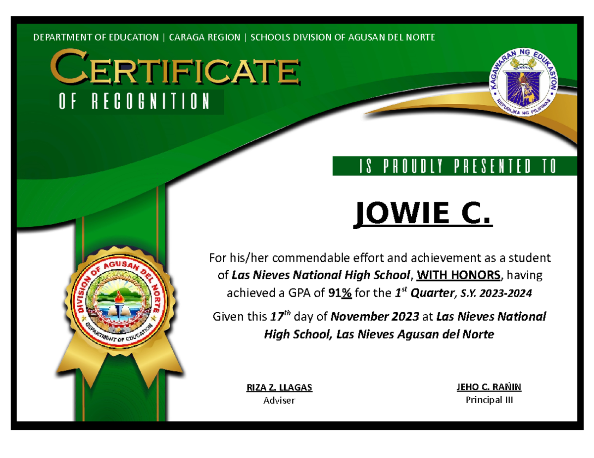 Certificate-of-Recognition - JOWIE C. LINGATONG RIZA Z. LLAGAS For his ...