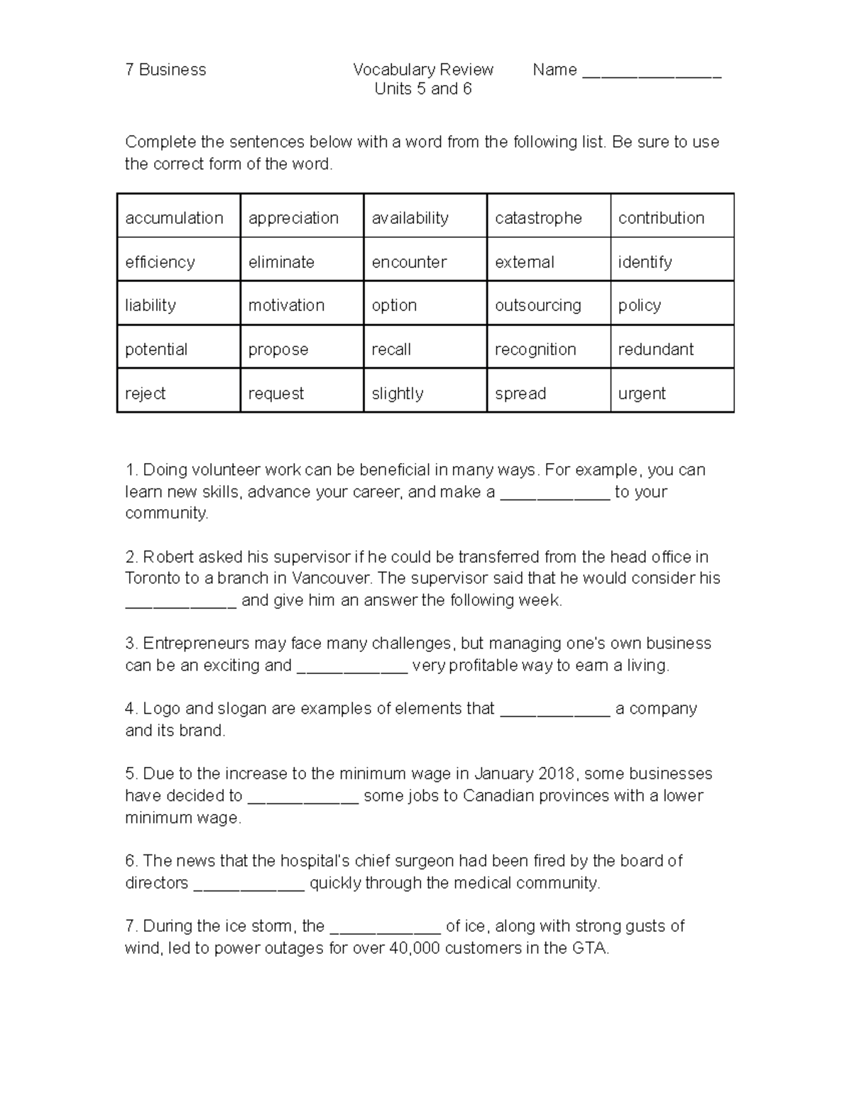 Vocab Review Units 5 and 6 - 7 Business Vocabulary Review Name ...