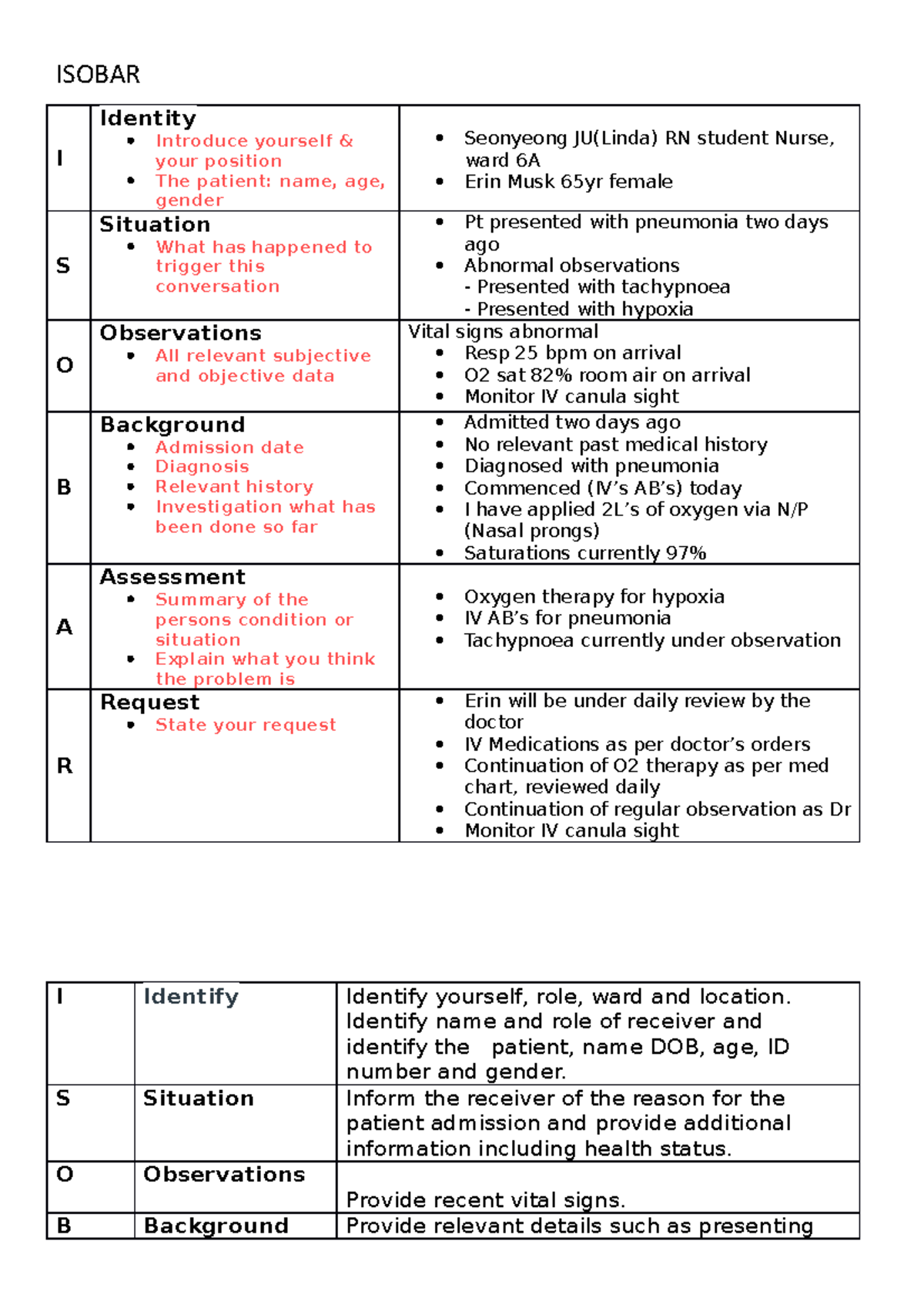 Nursing Care Plan Samples - ISOBAR I Identity Introduce yourself & your ...