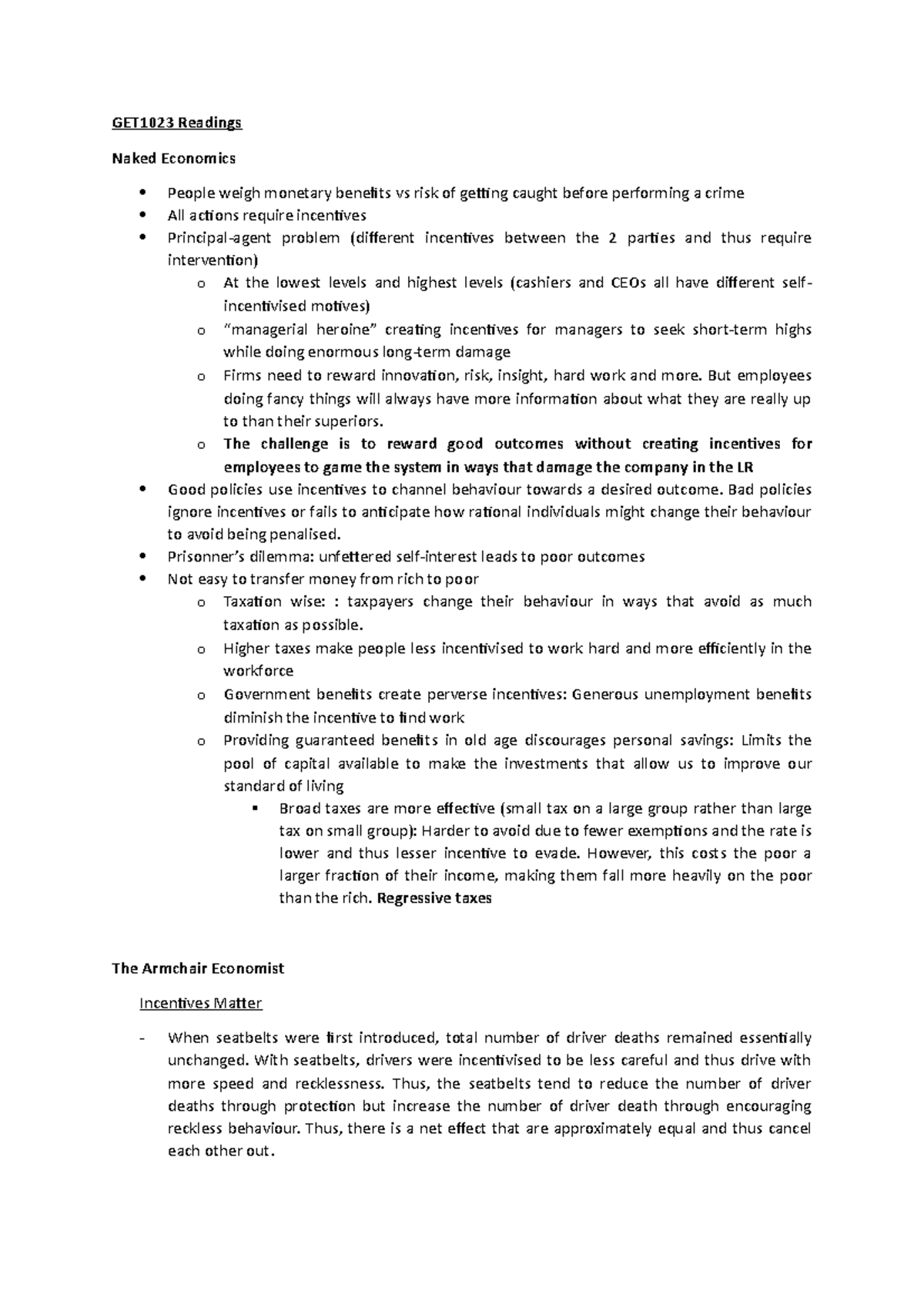 GET1023 Midterm Readings - GET1023 Readings Naked Economics People weigh monetary benefits vs ...