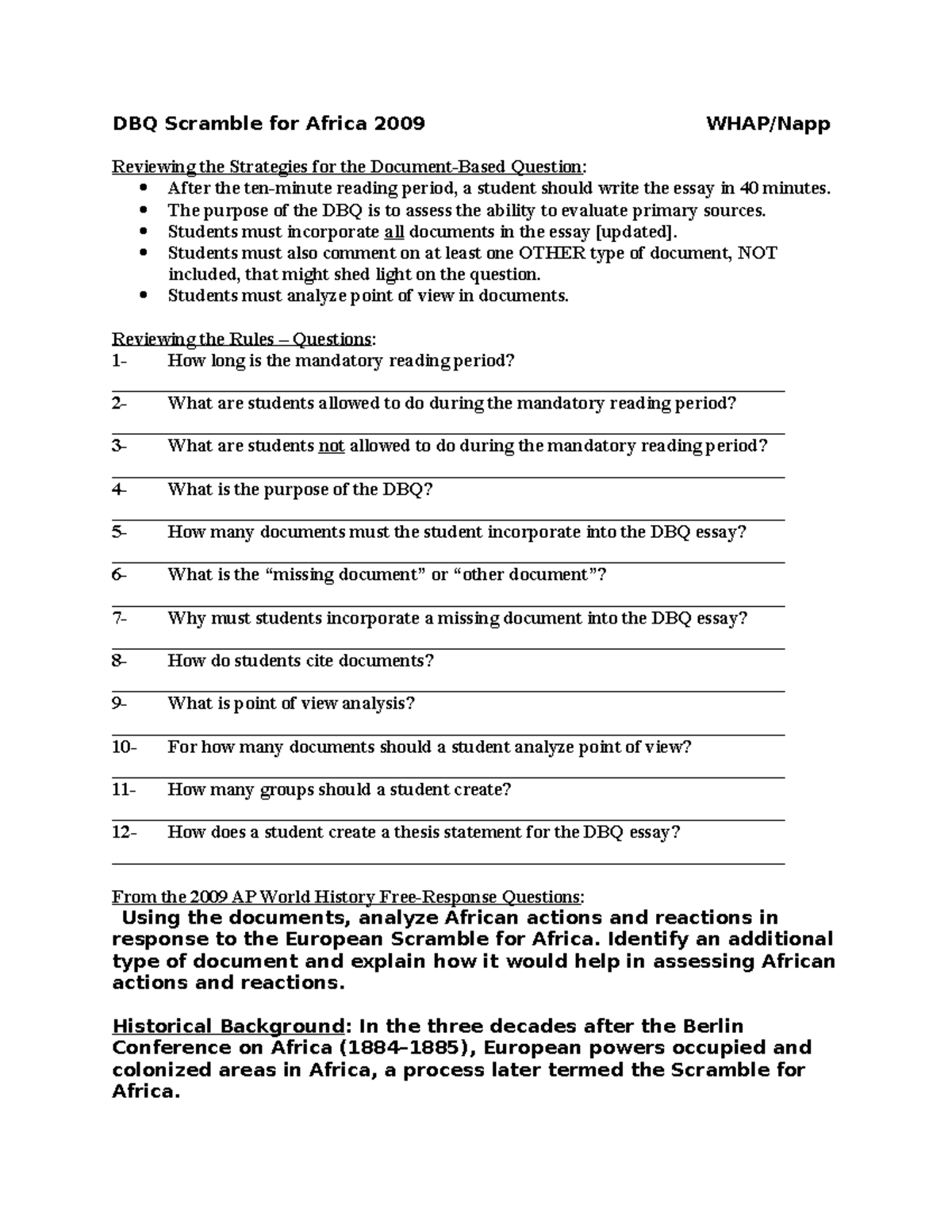 DBQ Scramble for Africa 2009 C3 - The purpose of the DBQ is to assess ...