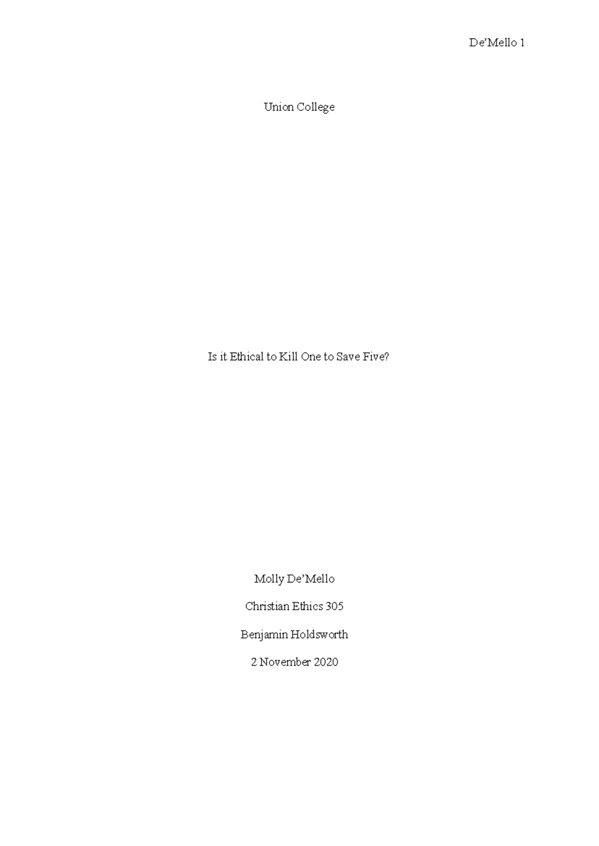 Christian Ethics - Union College Is it Ethical to Kill One to Save Five ...