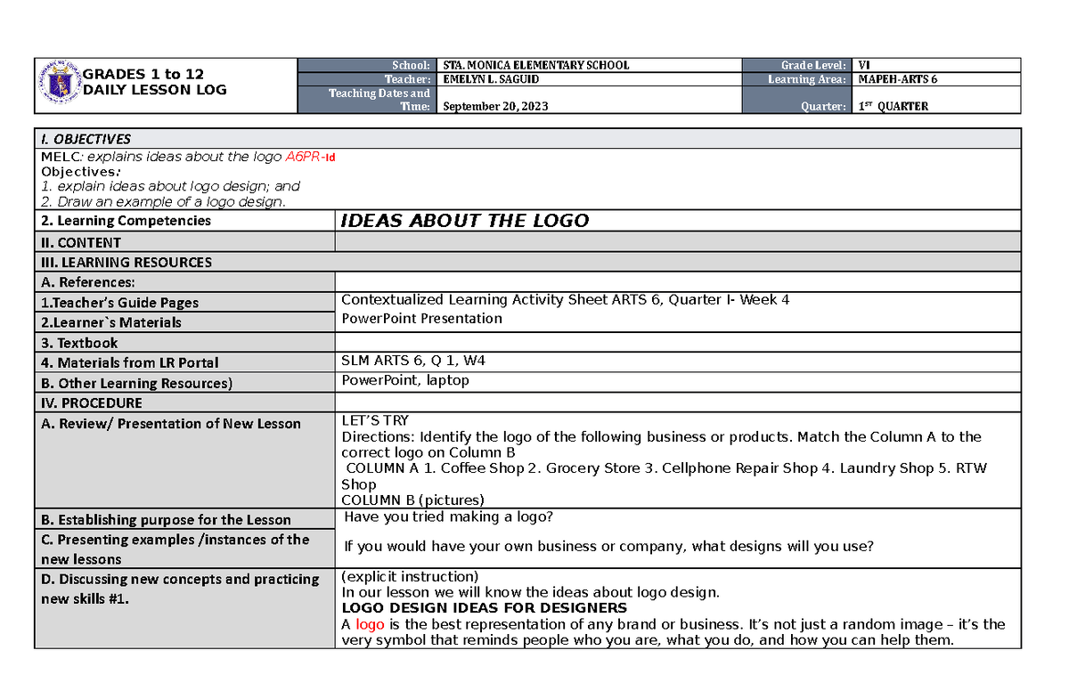 ARTS 6 Q1 W4 - IDEAS IN MAKING LOGO - GRADES 1 to 12 DAILY LESSON LOG ...