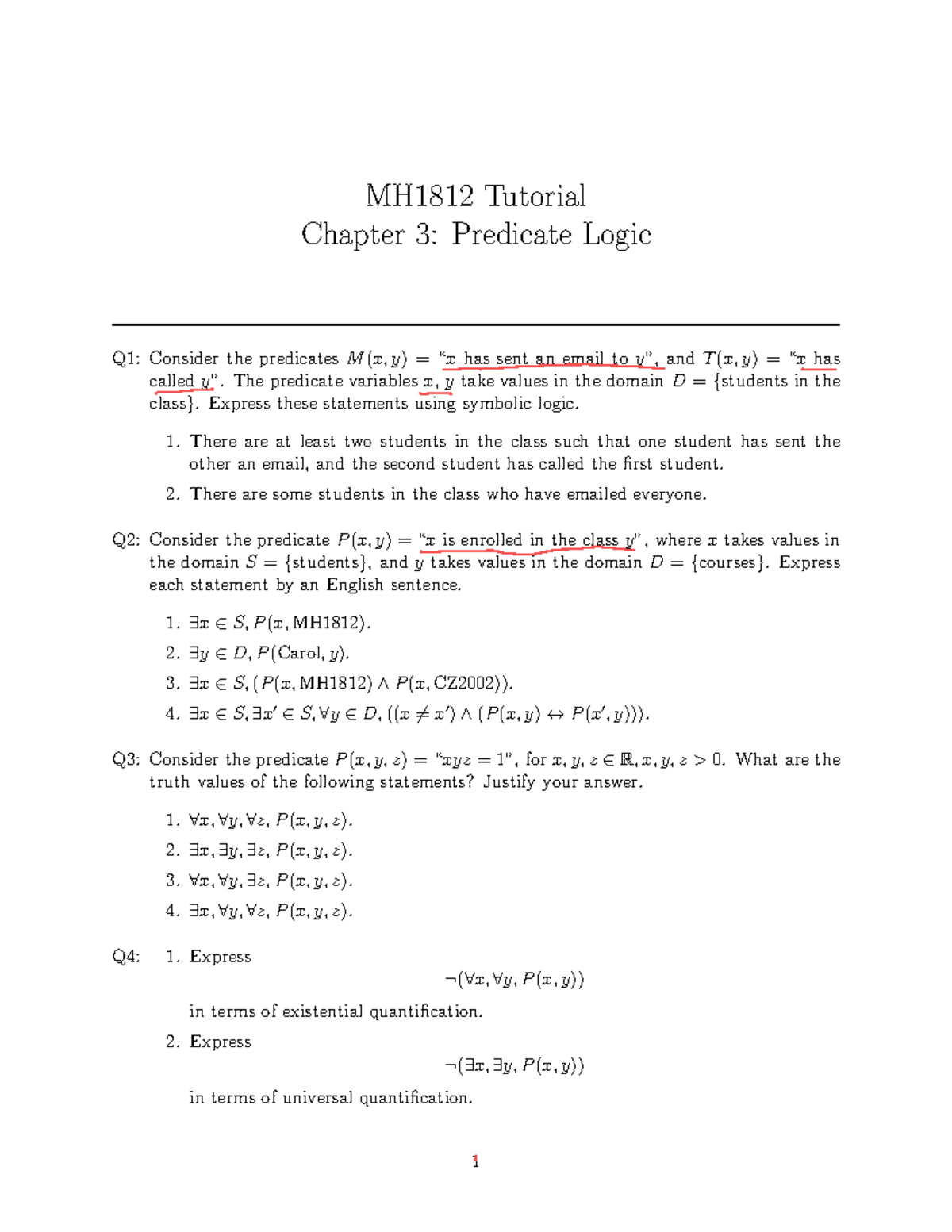 Chapter 3 - Homework - MH1812 Tutorial Chapter 3: Predicate Logic Q1 ...
