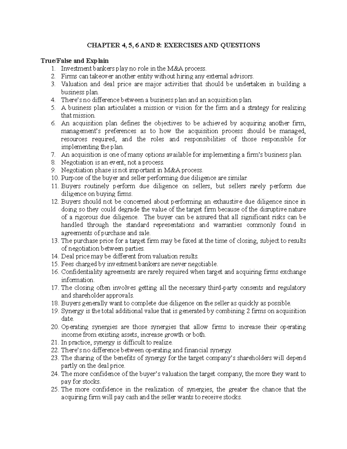 Exercise And Questions Part 2 Chapter 4 5 6 And 8 Exercises And Questions True False And