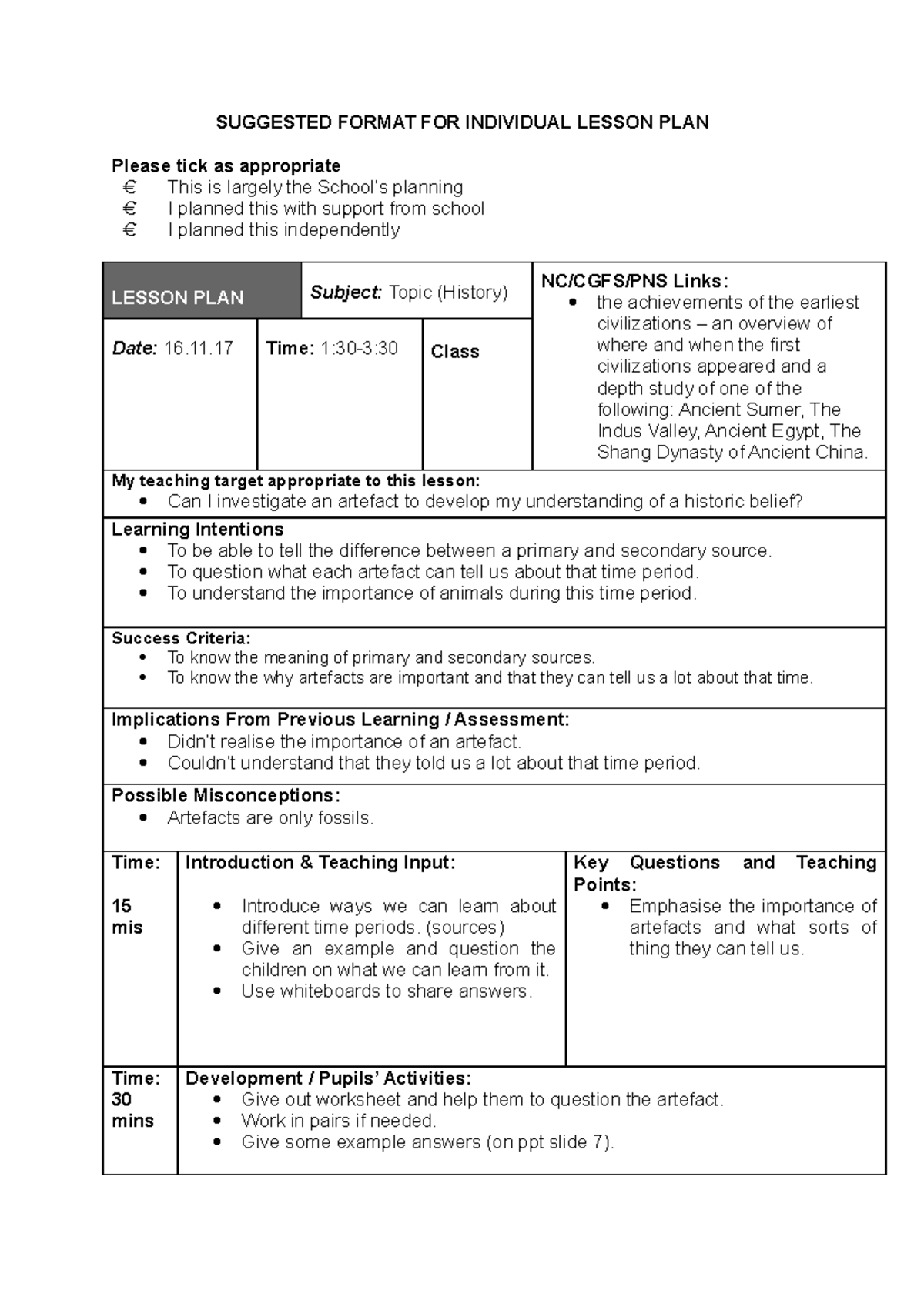 Lesson plan 4 Artefacts - SUGGESTED FORMAT FOR INDIVIDUAL LESSON PLAN ...